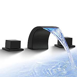 Bathroom Faucet 3 Hole Waterfall Widespread 2 Handle Vanity Sink Faucet with LED Color Changing, SKOWLL Matte Black