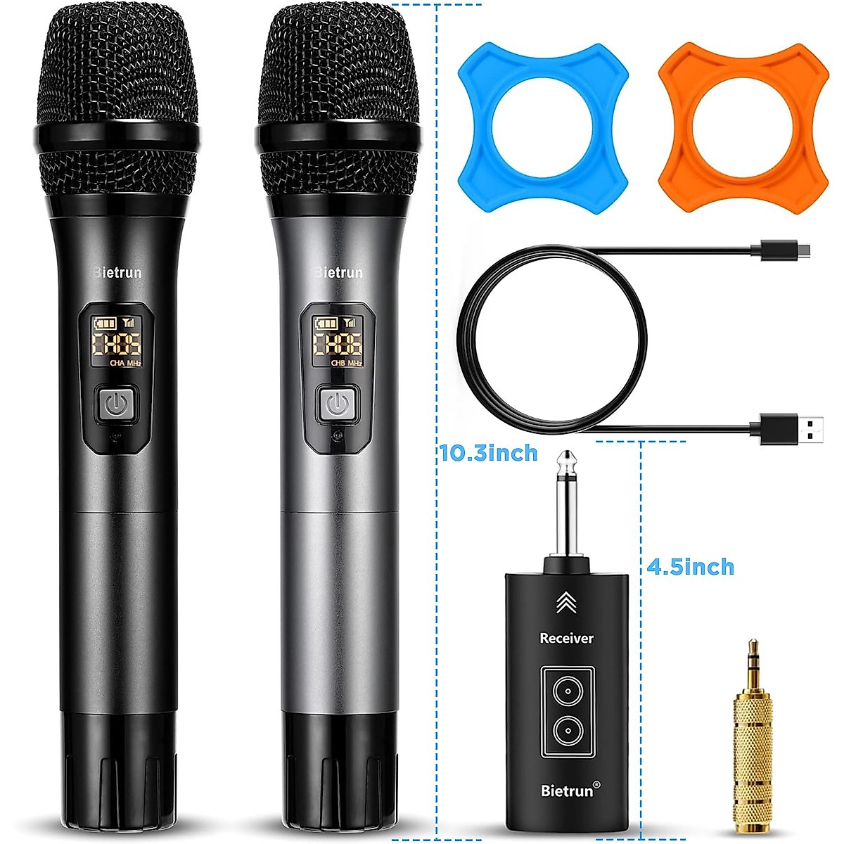 Wireless Microphone with Bluetooth, Professional UHF Dual Handheld Dynamic Metal Mic System Set with Rechargeable Receiver, 160 ft Range, 1/4''Output, for Karaoke Machine, Singing, Amp, PA Speaker