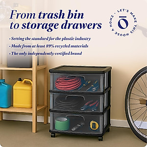 HOMZ Plastic 3 Drawer Wide Cart, Black Frame, Clear Drawers, 4 Casters included, Set of 1