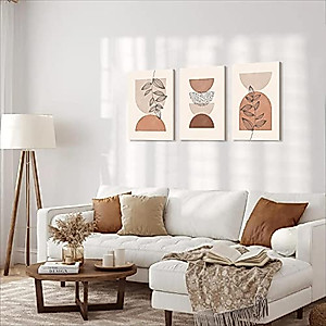 Minimalist Boho Wall Art Set of 3, Mid-Century Modern Wall Prints, Framed Neutral Abstract Geometric Prints Moon Botanical Artwork Paintings Posters Large Boho Wall Decor Ready To Hang for Bathroom Bedroom Living Room Boho Room Decor (12"x16")