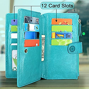 Harryshell Detachable Magnetic Zipper Wallet Leather Case with Cash Coin Pocket 12 Card Slots Holder Wrist Strap Lanyard for Motorola Moto G Pure/Moto G Power 2022 Flower (Blue Green)