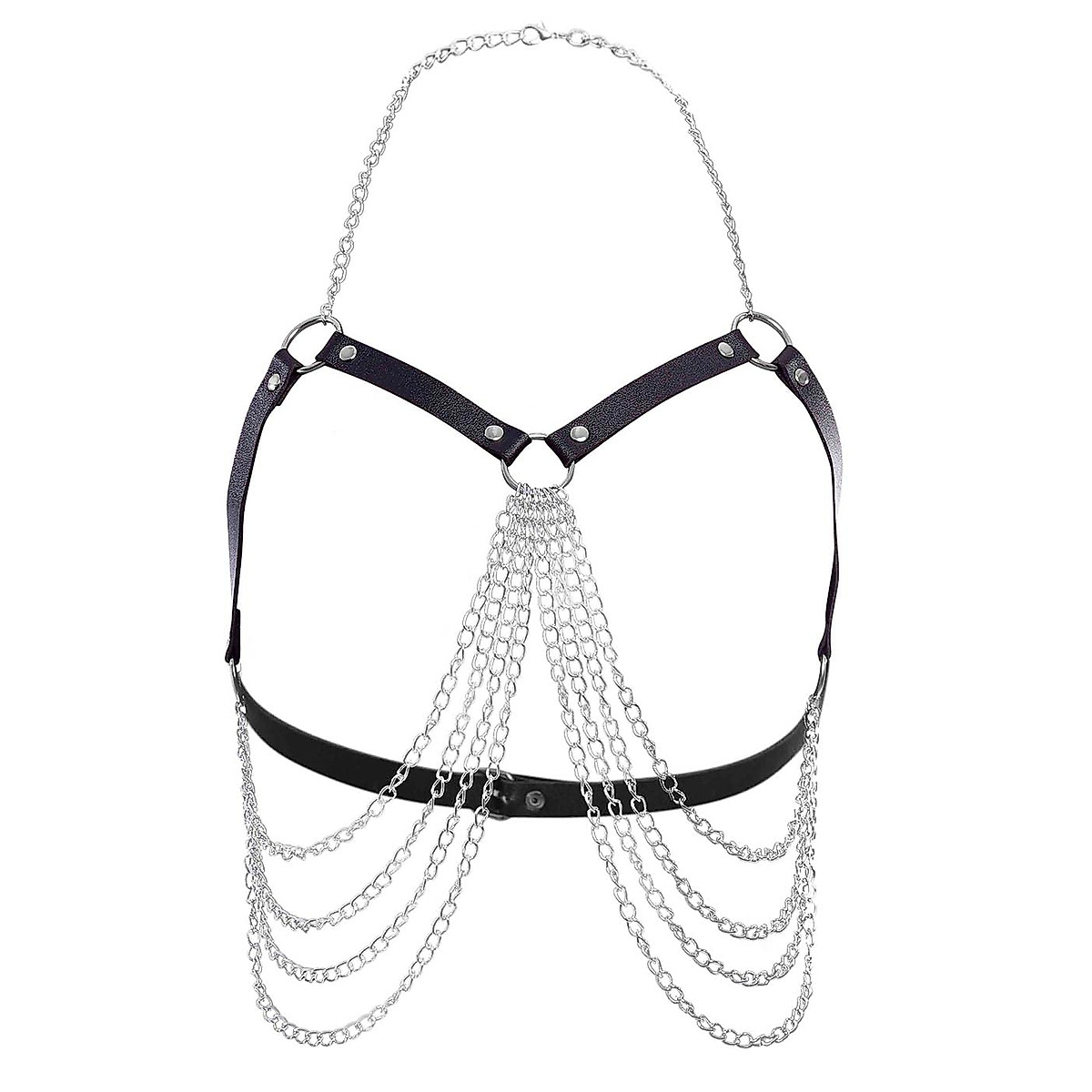 Ludress Punk Layered Chest Chain Black Leather Bar Chain Rave Cricle Body Chain Ring Vest Harness Body Jewelry Cospaly Nightclub Accessory for Women