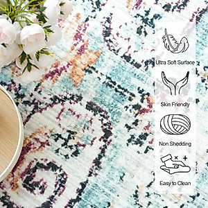 VK VK·LIVING Machine Washable Rug 4'x6' Vintage Design Washable Area Rugs with Non Slip Rugs for Living Room Bedroom Traditional Woven Rug Carpet Stain Resistant Dining Home Office Boho Rug,Cyan&White