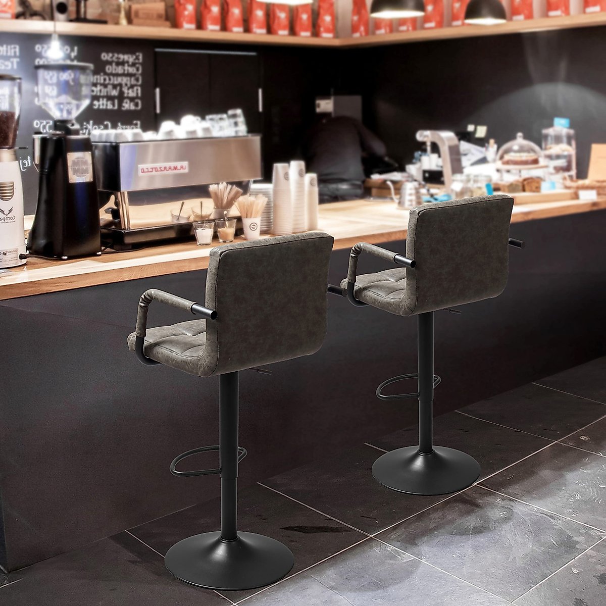 Finnhomy Bar Stools Set of 2 Counter Height, Swivel Barstools with Armrest and L Shape Thicken Cushion Back, Height Adjustable Modern Bar stools for Kitchen, Vintage Leather, Retro Grey