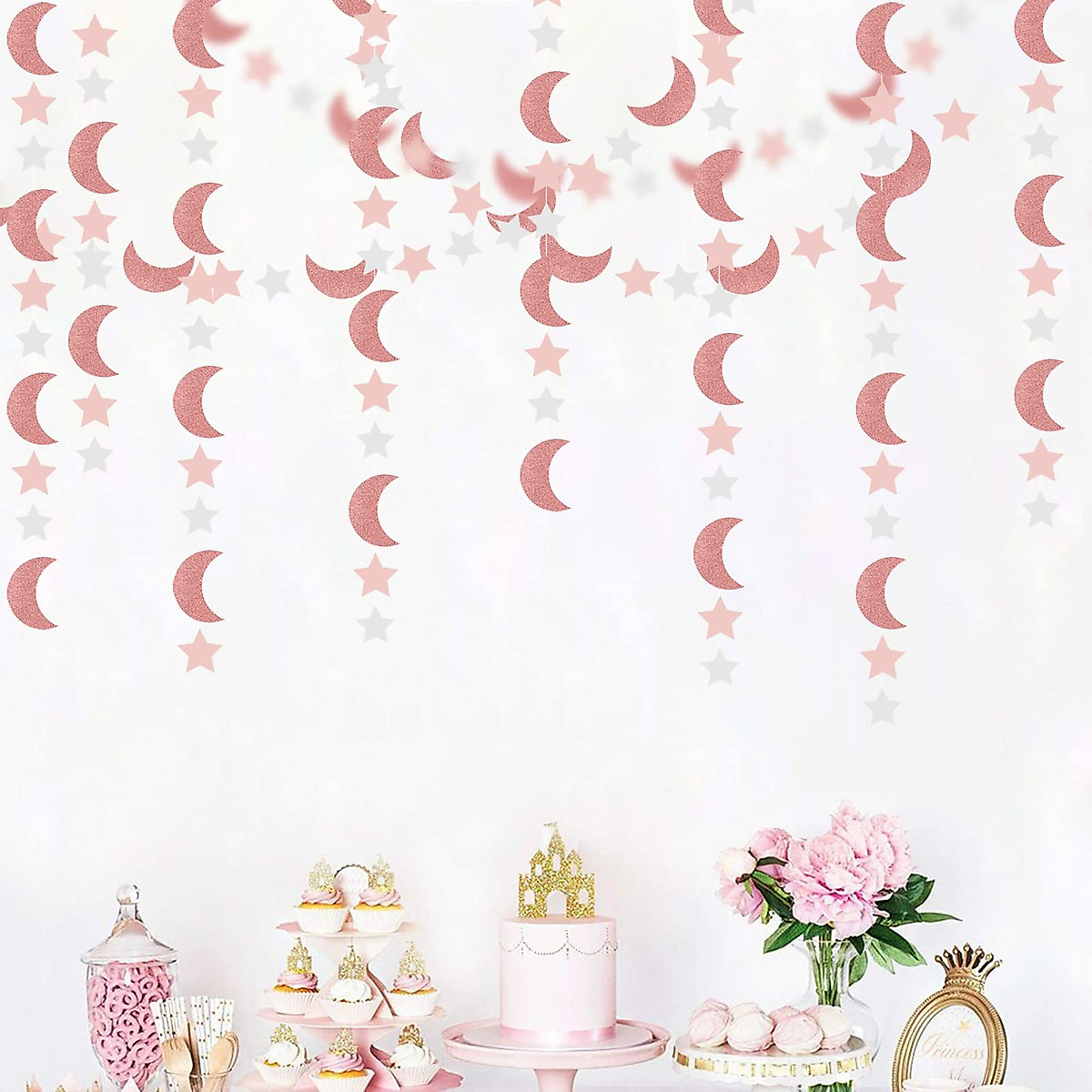 Pink Rose-Gold Moon-Star Party-Decorations Garland - 52Ft Twinkle Little Star Hanging Decoration Streamers Banner, Eid Ramadan Mubarak Decoration Birthday Wedding Baby Shower Party Decor Panduola