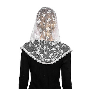 Wgior Embroidered Lace Chapel Veil Infinity Mantilla Veils Catholic Church veil Latin Mass Head Covering Scarf (White)