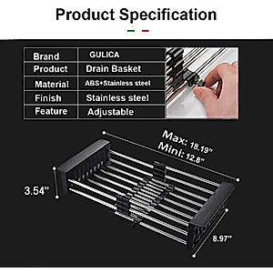 GULICA Dish Drying Rack Black, Adjustable Stainless Steel Drainer Basket Drain Tray for Dish Vegetable Fruit, 18.2" x 8.9", On or in Sink Kitchen Basket Dish Drying Rack