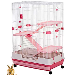 Pink Extra Large Deluxe Indoor Outdoor Multi-Level Guinea Pig Chinchilla Ferret Squirrel Hedgehog Kitten Rabbit Bunny Hutch House Critter Habitat Removable Washable Tray with Lockable Casters