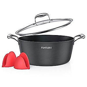 ItsMillers Ultra Nonstick Modern Hard-Anodized Stock Pot, 6 qt Induction Kitchen Cookware Dutch Oven with Silicone Oven Mitts,Oven Safe Black