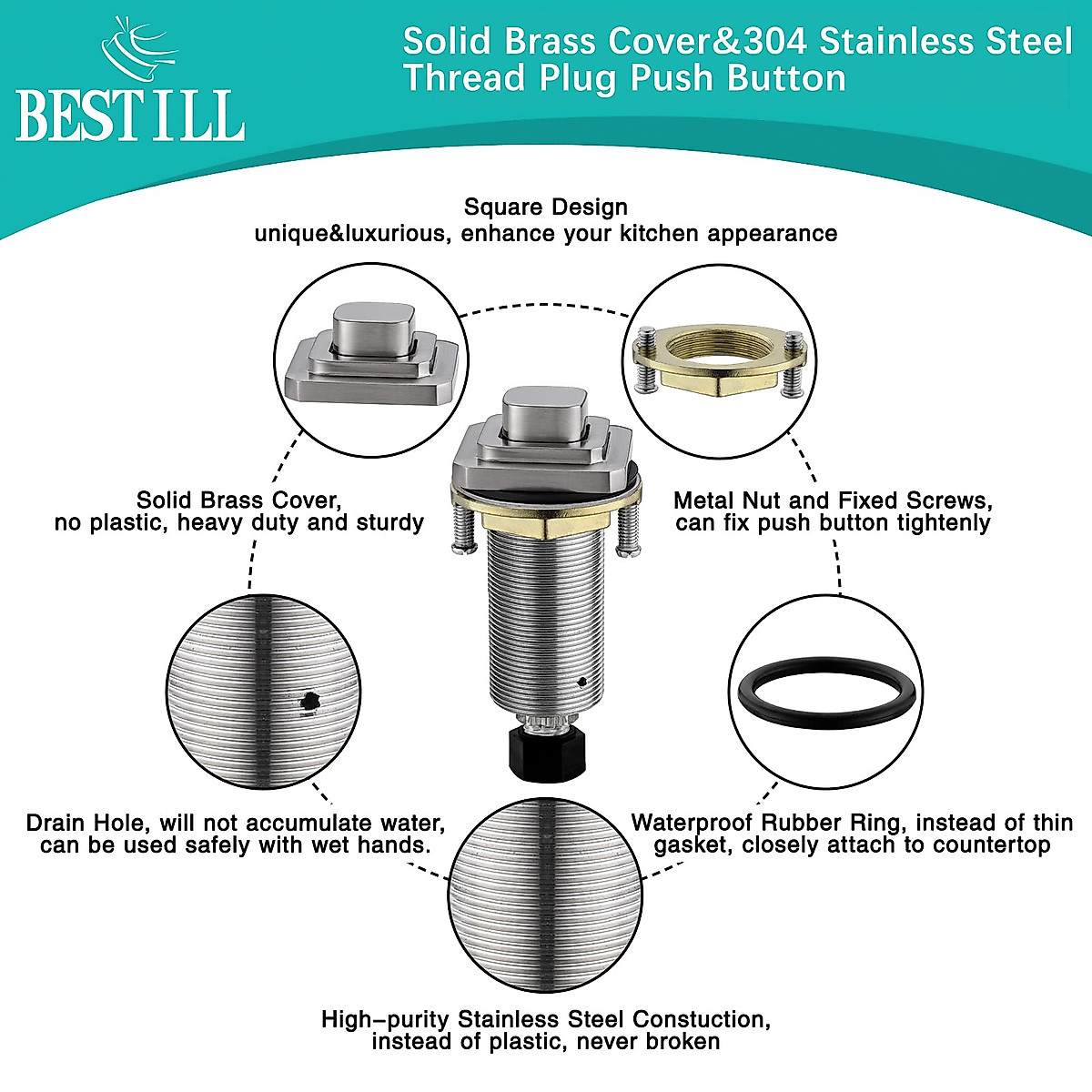 BESTILL Garbage Disposal Air Switch Kit with Single Outlet, UL Listed(E530042), Sink Top Long Push Button for Waste Disposer, Square Brass Cover, Brushed Nickel