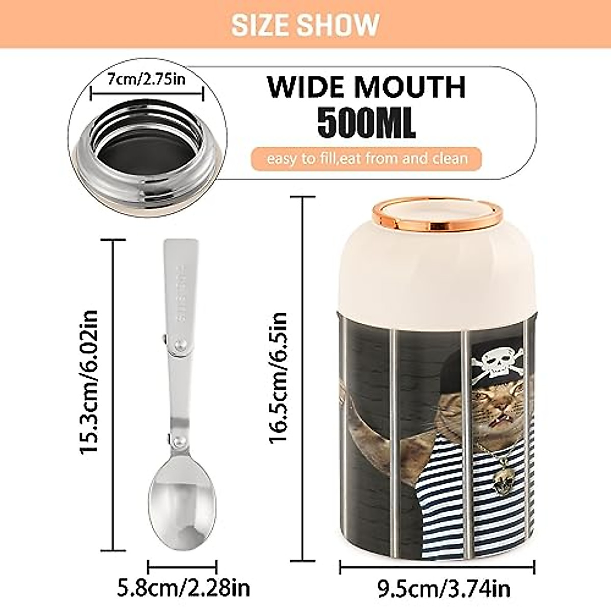 CUPADA Pirate Cat Funny Food Jar, Skull Cap Cute Insulated Hot Food Jars Vacuum 17OZ with Folding Spoon for Work Trip Picnic Camping