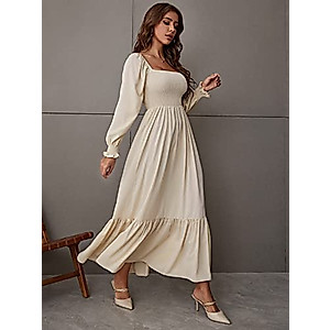 WDIRARA Women's Square Neck Flounce Shirred Ruffle Hem Elegant Long Sleeve Maxi Dress Apricot L