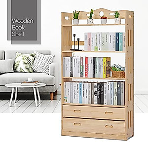 MoNiBloom 4 Tier Bookcase with Open Shelves and 2 Drawers, Solid Wood Large Storage Organizer Book Shelf Cabinet Display Organizer for Kids Room Living Room Bedroom, Natural