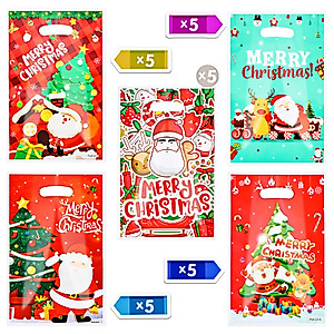 Abeillo 50Pcs Christmas Goodie Bags for Kids, Santa Claus Theme Party Favor Bags Christmas Gift Bags Medium Size Plastic Gift Bags Bulk for Kids (10 x 7Inch)