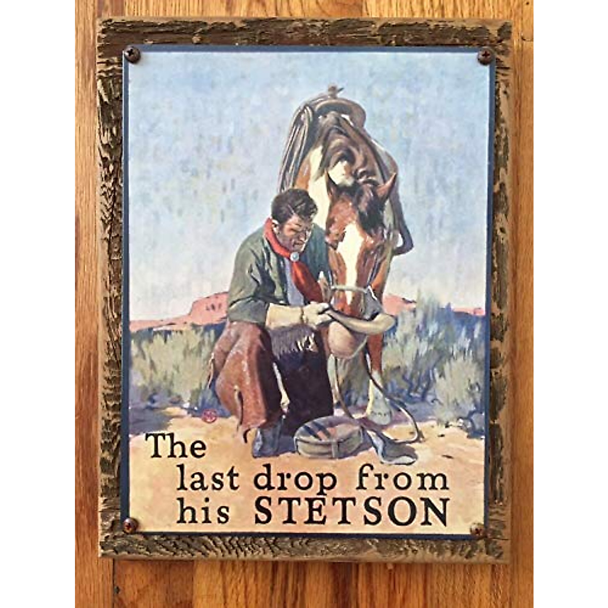 cutespree Last Drop from His Stetson Cowboy Hat Ad Western Painting Vintage Steel Sign USA Metal Novelty Sign 8x12 inch