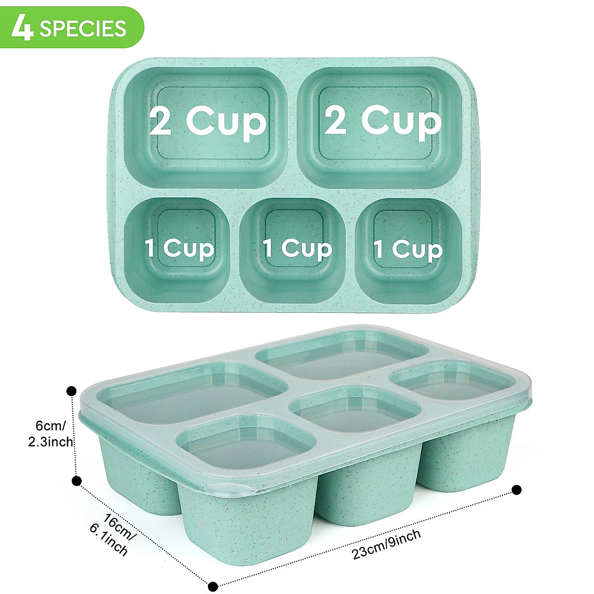 Lunbxx Bento Lunch Boxes - Reusable 5-Compartment Food Lunchables Containers, Snack Boxes For Adults Container for School, Work, and Travel, Set of 4 (Wheat)