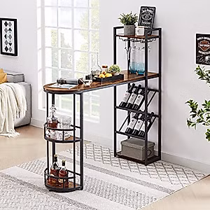 KIVENJAJA Bar Table with Wine Racks, Storage Shelves & Glass Holders, Industrial Small High Top Kitchen Table for 2, 36.4” Counter Height Dining Table Home Bar Unit, Rustic Brown and Black