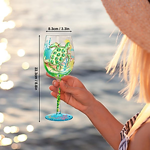 NymphFable 100% Hand-Painted Wine Glass Ocean Turtles Seagrasses Glass Artisan Painted Glass 15oz Gift for Friend Family (1 Piece)