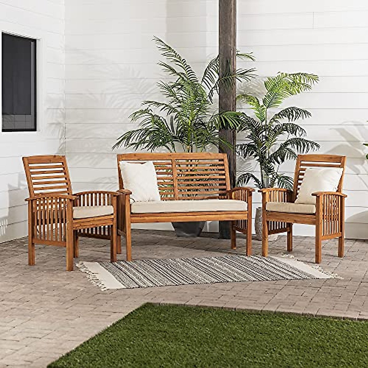Walker Edison AZOWCHAT3PCBR Castellina Modern 3-Piece Solid Acacia Wood Patio Chat Set, Brown