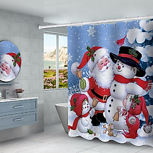 GUDAGUU 4 Piece Christmas Shower Curtain Bathroom Decorations Sets,Santa Claus and Snowmen Bath Decor with Toilet Seat Cover Rug Xmas Theme Rustic Gnome Bathtub Room Accessory Complete Kit