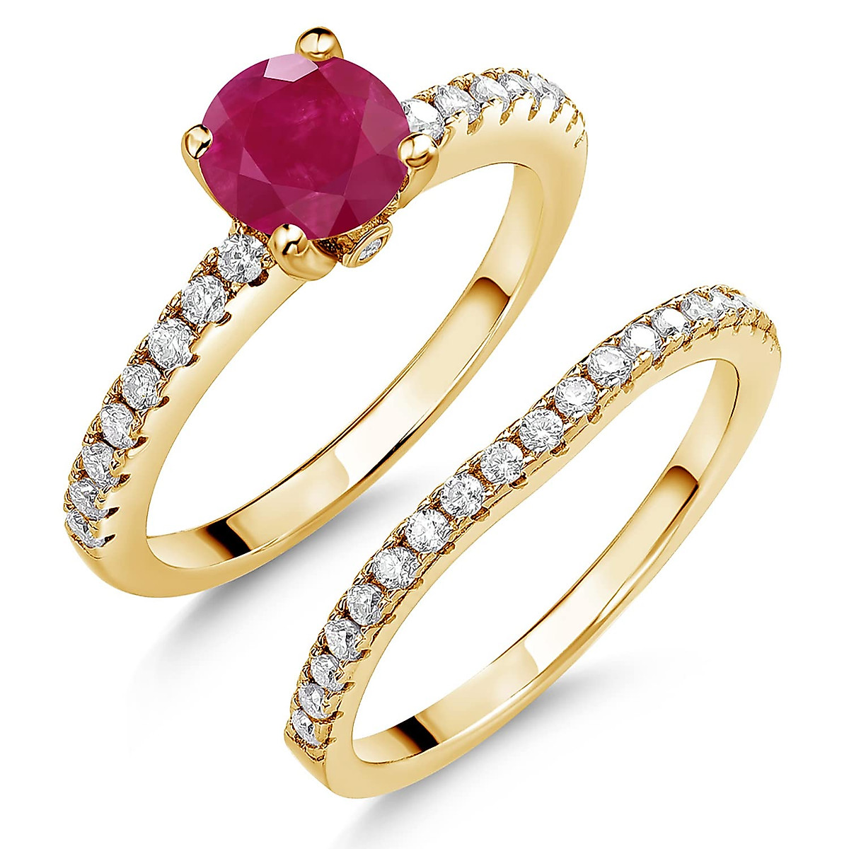Gem Stone King 18K Yellow Gold Plated Silver Red Ruby and White Moissanite Wedding Engagement Band Bridal Set Ring For Women (1.49 Cttw, Gemstone July Birthstone, Available In Size 5, 6, 7, 8, 9)