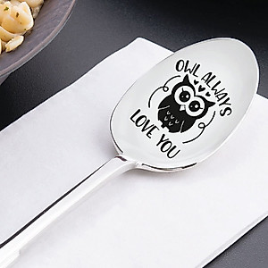 TyM Owl always love you Engraved Stainless Steel spoon for coffee tea cereal ice cream - Engraved gift for him/her - 7 inch Sturdy handle and food safe engraving