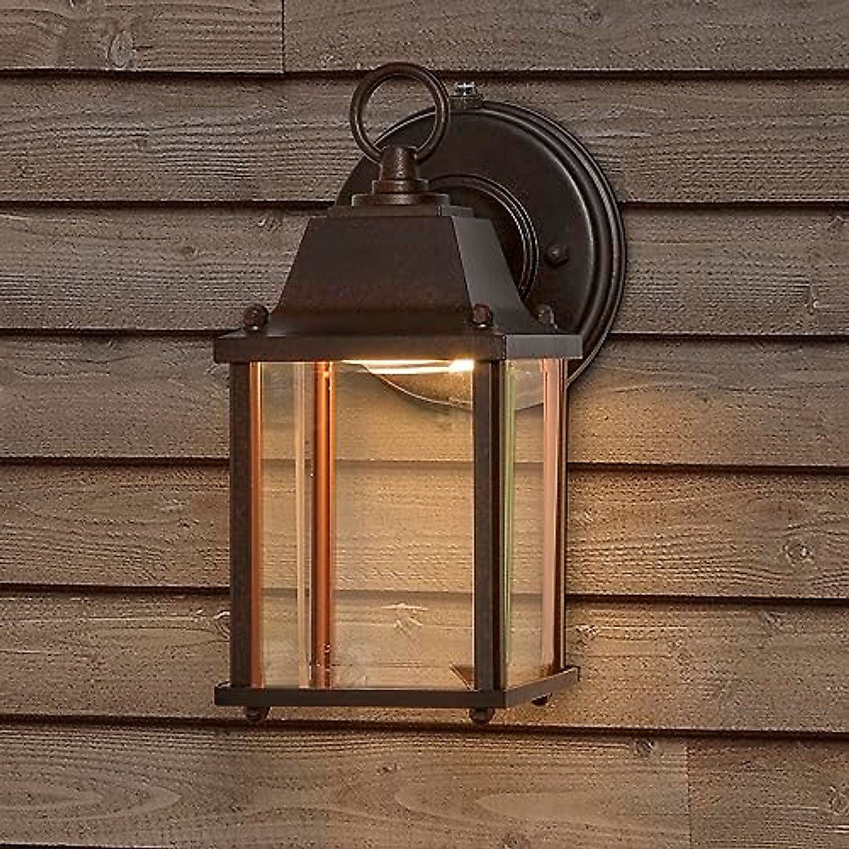 Maxxima LED Porch Lantern Outdoor Wall Light - Aged Bronze with Clear Glass, 3000K Warm White, 650 Lumens, Dusk to Dawn Photocell Light Sensor, Patio or Porch Sconce Fixture, Exterior Lighting - Brown