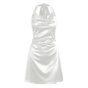 ZAFUL Women Halterneck Satin Mini Dress Sexy Cowl Neck Silky Party Cocktail Club Dress (White-Halter-A, XL)