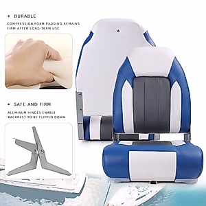 SUNDGORA Deluxe Marine High Back Folding Boat Seat,Stainless Steel Screws Included,White/Pacific Blue/Charcoal(2 Seats)