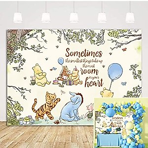Classic Cartoon Bear Backdrop Baby Shower Decorations Vintage Honey Bear Blue Balloon Photography Background Boys Kids Party Supplies Cake Table Banner Photo Booth Props, 5x3FT(150x90cm)
