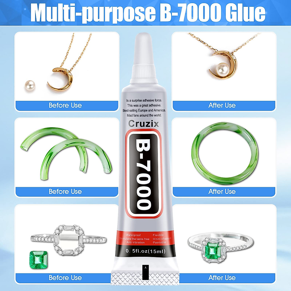 B-7000 Glue Clear for Rhinestone Crafts, Jewelry and Bead Adhesive B7000 Semi Fluid High Viscosity Glues for Clothes Shoes Fabric Cell Phones Screen Repair Metal Stone Nail Art Glass (4x15 ml/0.5 oz)