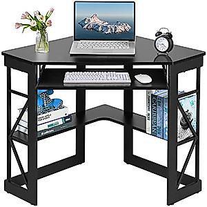 VECELO Corner Computer Desk 41 x 30 inches with Smooth Keyboard & Storage Shelves for Home Office Workstation, Black