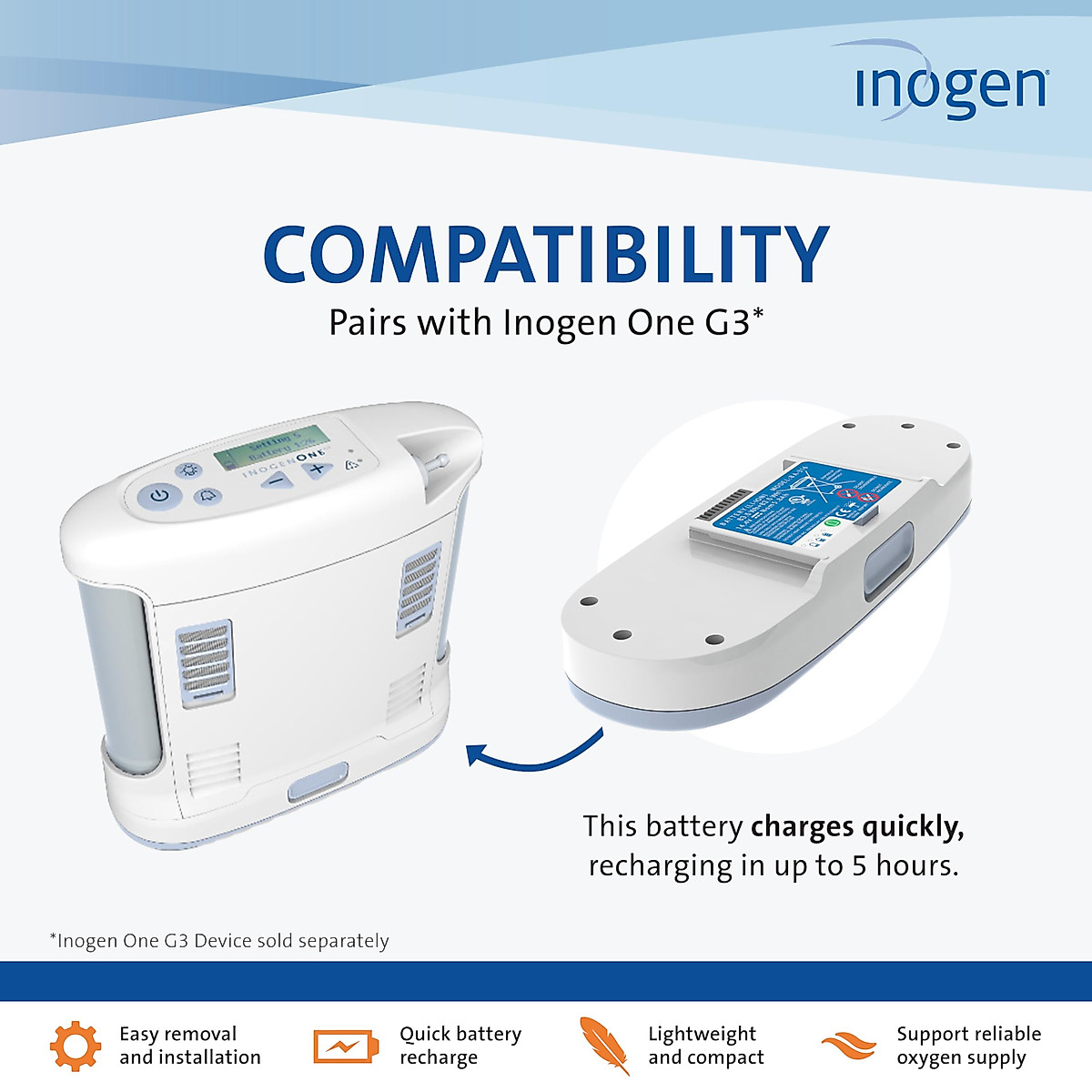 Inogen One G3 Standard (8-Cell) Battery - Portable Replacement Battery - Oxygen Accessory - for The Inogen One G3 – 1.3 lbs. – 8.75 x 3.0 x 1 in.