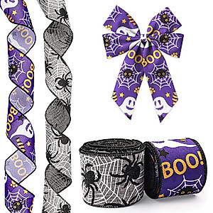 Hying 2 Rolls Halloween Ribbon for Wreath Bows Wrapping Gifts, Black Purple Spider Ribbons for Gift Wrapping Halloween Party Decoration DIY Crafts 2.5" X 10 Yards Spider Web Ghost Wired Edge Ribbon