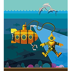 Ambesonne Yellow Submarine Duvet Cover Sets, Submarinend Diver Jumping Dolphins Illustration Print, Bedding Set with 2 Duvet Covers & 4 Pillowcases, 2 Pack Queen Size, Petrol Blue and Ginger