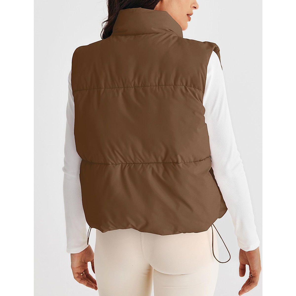 MEROKEETY Cute Sleeveless High Neck Zipper 2025 Fashion Puffy Padded Vest for Teen Girls, Coffee, Medium