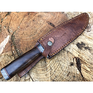Perkin Knives - Damascus Knife Fixed Blade Knife with Sheath - Walnut Wood