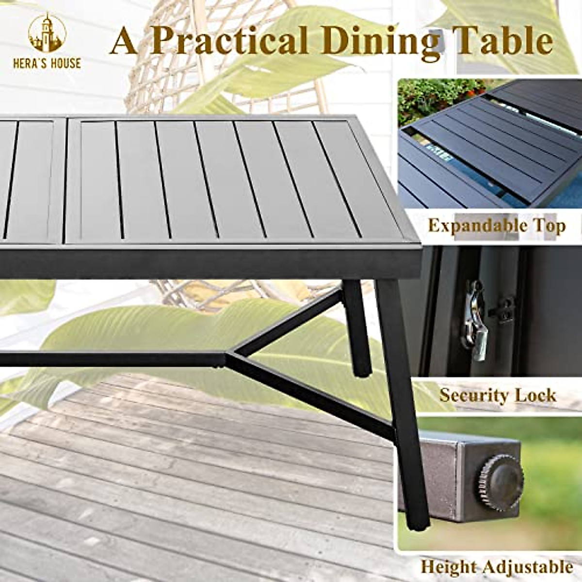 HERA'S HOUSE 7 Pieces Patio Dining Set, Outdoor Dining Set for 6, 6 x Dining Chair, 1 x Rectangular Expandable Large Surface Metal Dining Table for Patio, Lawn, Garden, Porch