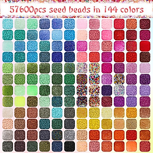 EuTengHao 57600pcs 2mm Glass Seed Beads Small Craft Beads for DIY Bracelet Necklaces Crafting Jewelry Making Supplies with Beading Needles Elastic Strings (144 Colors, 400Pcs Per Color)
