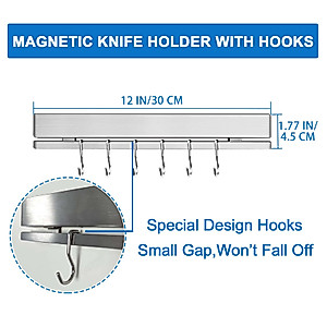 HomeSimplex 12 Inch Magnetic Knife Holder for Refrigerator with 6 Hooks - Double Sided Magnetic Knife Strip for Fridge - Premium Magnetic Knife Bar Rack - 304 Stainless Steel Kitchen Utensil Hanger
