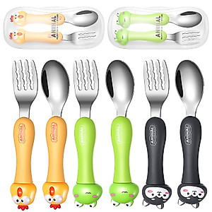 6 Pieces Toddler Utensils Baby Spoon Fork Set Toddler Flatware Set with Travel Case Baby Feeding Training Spoons Forks with Cute Cartoon Handle Stainless Steel Baby Angled Spoons for Age Over 6