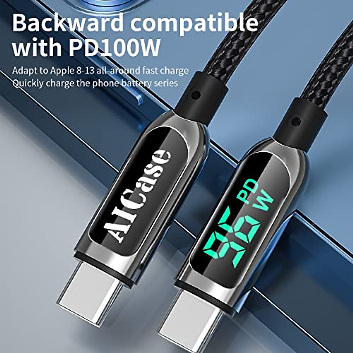 AICase USB C to USB C Cable with Led Display PD 100W Fast Charge - 3.9FT Type C 5A Power Delivery Nylon Braided Charging Cord Compatible for MacBook Pro 2021 Pad Pro Galaxy S22 S21 Note 20