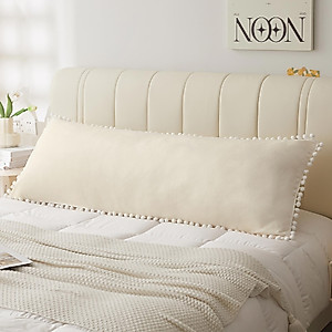 LIFEREVO Pom Poms Velvet Bed Body Pillow Cover, Long Soft Fuzzy Body Pillow Pillowcase 20x54, Cute Fringe Microfiber Body Pillow Case with Zipper, Luxury Decorative Plush Body Pillow Protector, Beige