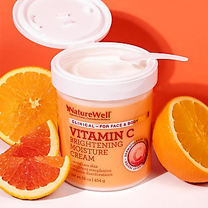 NATURE WELL Clinical Vitamin C Brightening Moisture Cream for Face & Body, Anti-Aging Skincare, Firming, Nourishing, Reduces Discoloration, Improves Overall Tone & Texture, Non-Greasy, 16 Oz