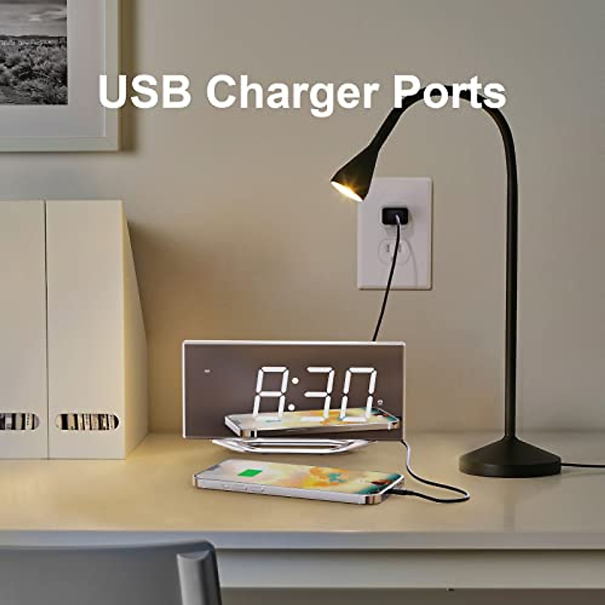 Alarm Clock for Heavy Sleepers Adults, 8.7'' Large Led Digital Mirror Alarm Clock with USB Charger, Vibrating Alarm Clock with Bed Shaker, Battery Backup Snooze Dual Alarm Dimmer, for Teens Adults