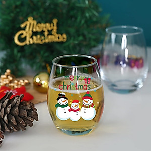Merry Christmas Wine Glass, 15 Oz New Year Gift Snowman Stemless Wine Glass for Friends Dad Mom Women Men Christmas Wedding Party Winter Holiday Birthday Party