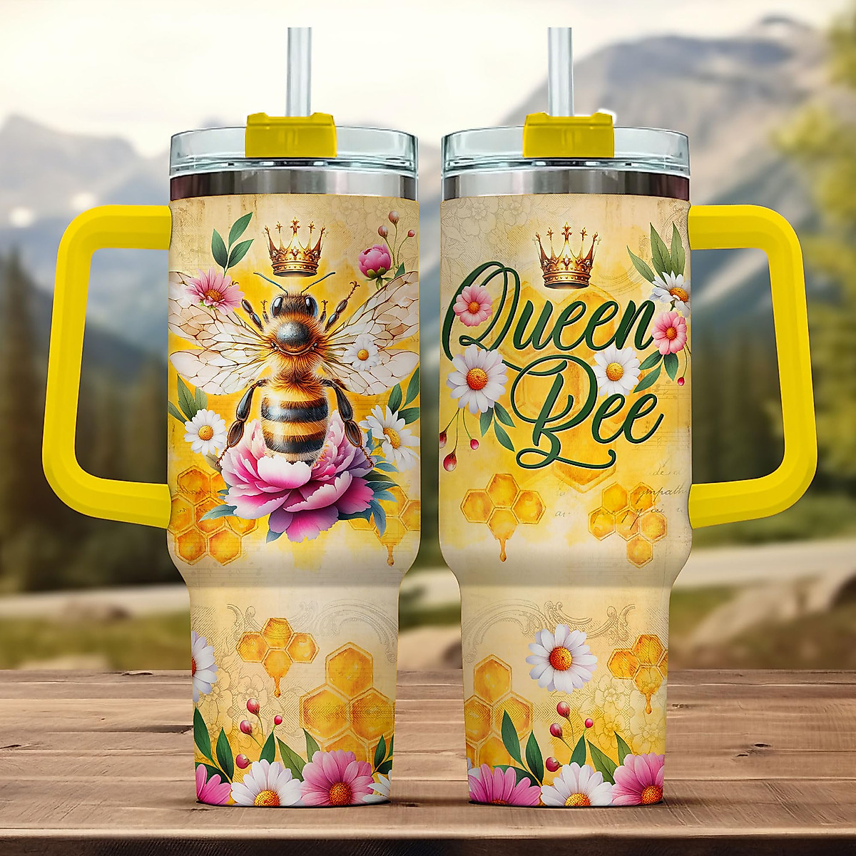 99OWL Tumbler 40 Oz With Handle Lid And Straw, Queen Bee Crown Floral, Bee Gifts, Flower Tumblers Handle Daisy Yellow, Bee Double Wall Vacuum Floral Coffee Hot And Iced Yellow