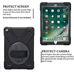 TSQ iPad Air 2 Case for Kids A1566 A1567 2014 with Rotating Stand Hand Strap | Military Grade Heavy Duty Rugged Shockproof Protective Cover Case for iPad Air 2nd Generation 9.7 Inch, Black