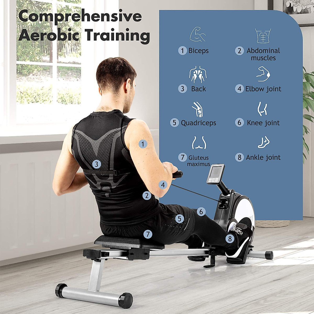 GYMAX Magnetic Rowing Machine, 16-Level Resistance Adjustable Rower with LCD Monitor, Heart Rate Sensor for Cardio Exercise, Home Gym Workout