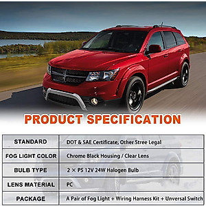 Fog Light Set for 2010-2020 Dodge Journey w / Bulb + Black Bezel Cover, OEM Bumper Driving Fog Light Lamps Assembly w / Wiring Harness Kit & Switch, Fog Lamp Replacement - PS 12V 24W Clear Lens